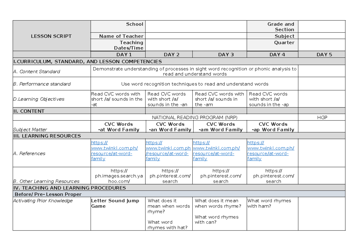 NRP -Q1-Week1 - NRP - LESSON SCRIPT School Grade and Section Name of ...