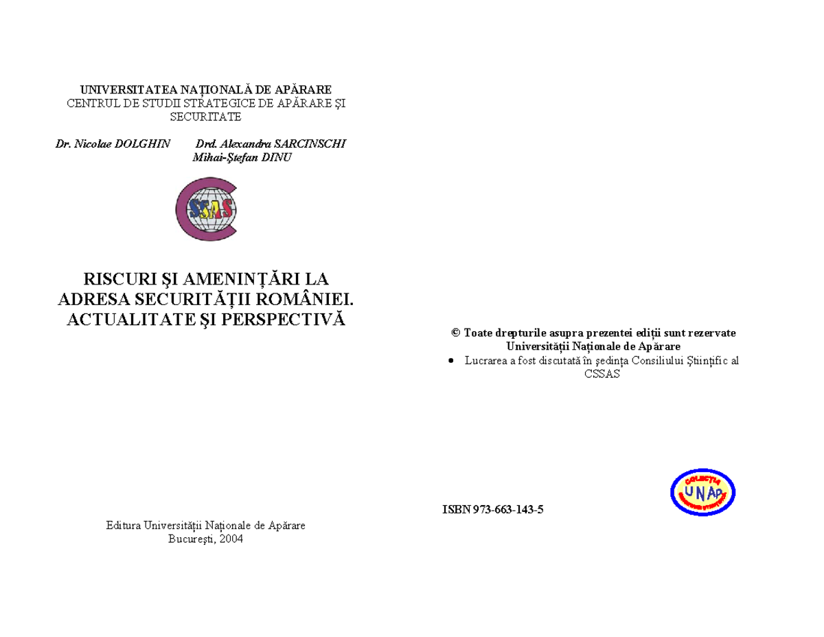 Riscuri si amenintari actualitate si perspectiva - UNIVERSITATEA ...