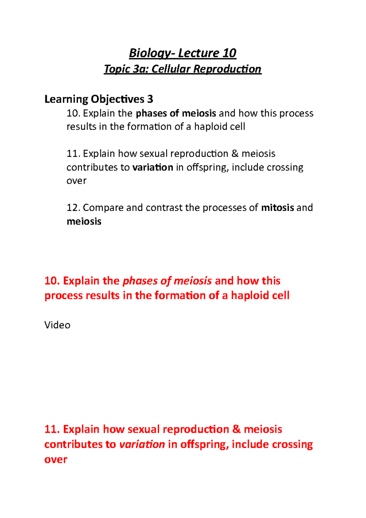 Bio Tenth Lecture - Biology- Lecture 10 Topic 3a: Cellular Reproduction ...