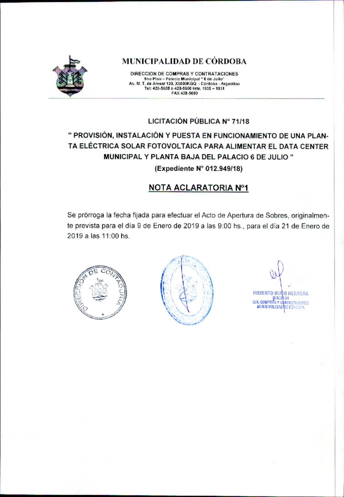 TP4 - Documento extra - 71-18 Nota aclaratoria 1 - MUNICIPALIDAD DE CÓRDOBA DIRECCION DE COMPRAS ...
