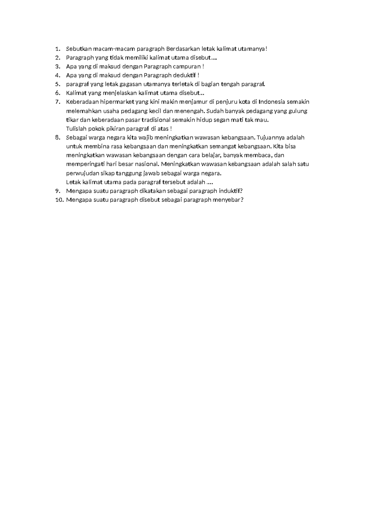 UH B.I T6 S3 - SOAL LES - Sebutkan macam-macam paragraph Berdasarkan letak kalimat utamanya ...