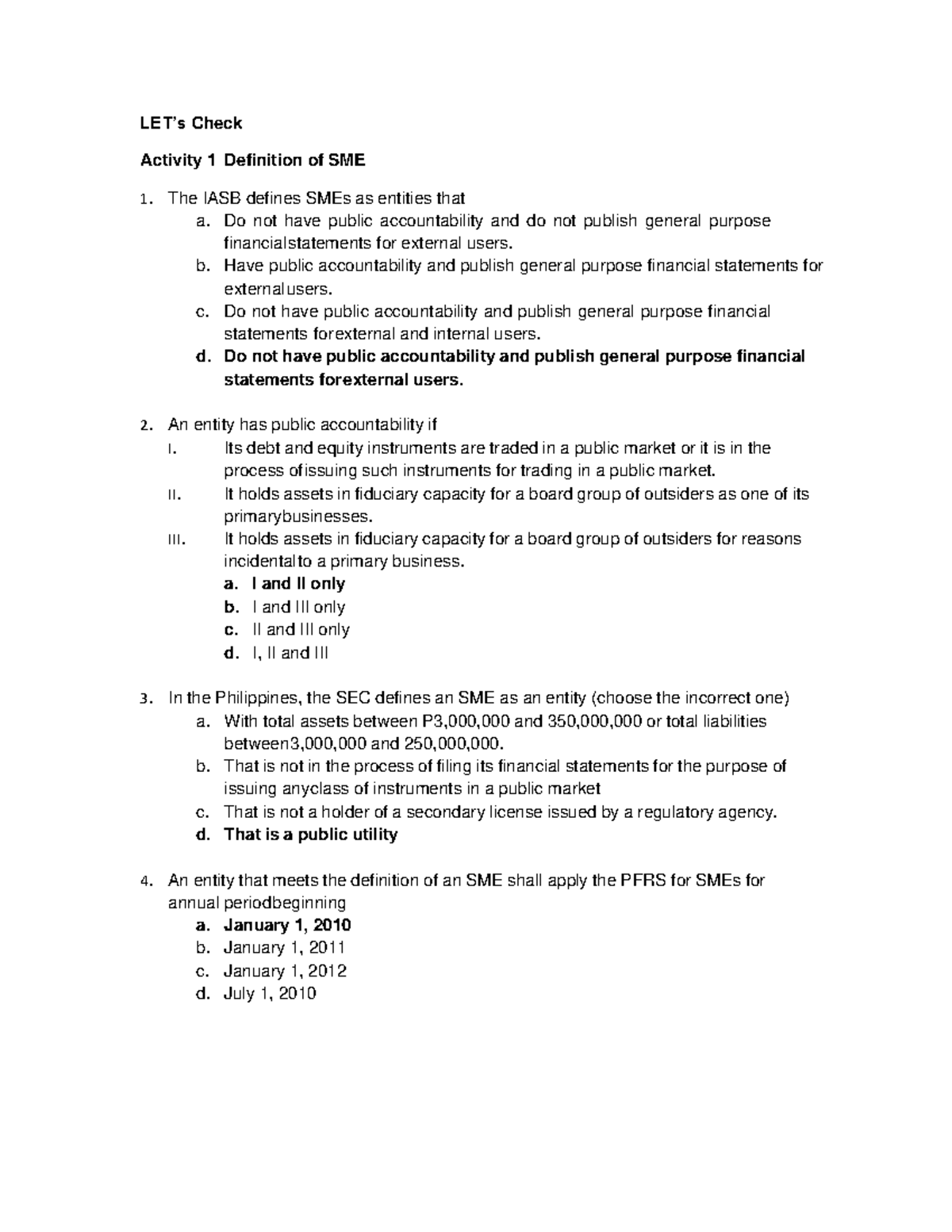 PFRS for SMEs Theories - PFRS for SMEs MCQ - LET’s Check Activity 1 ...