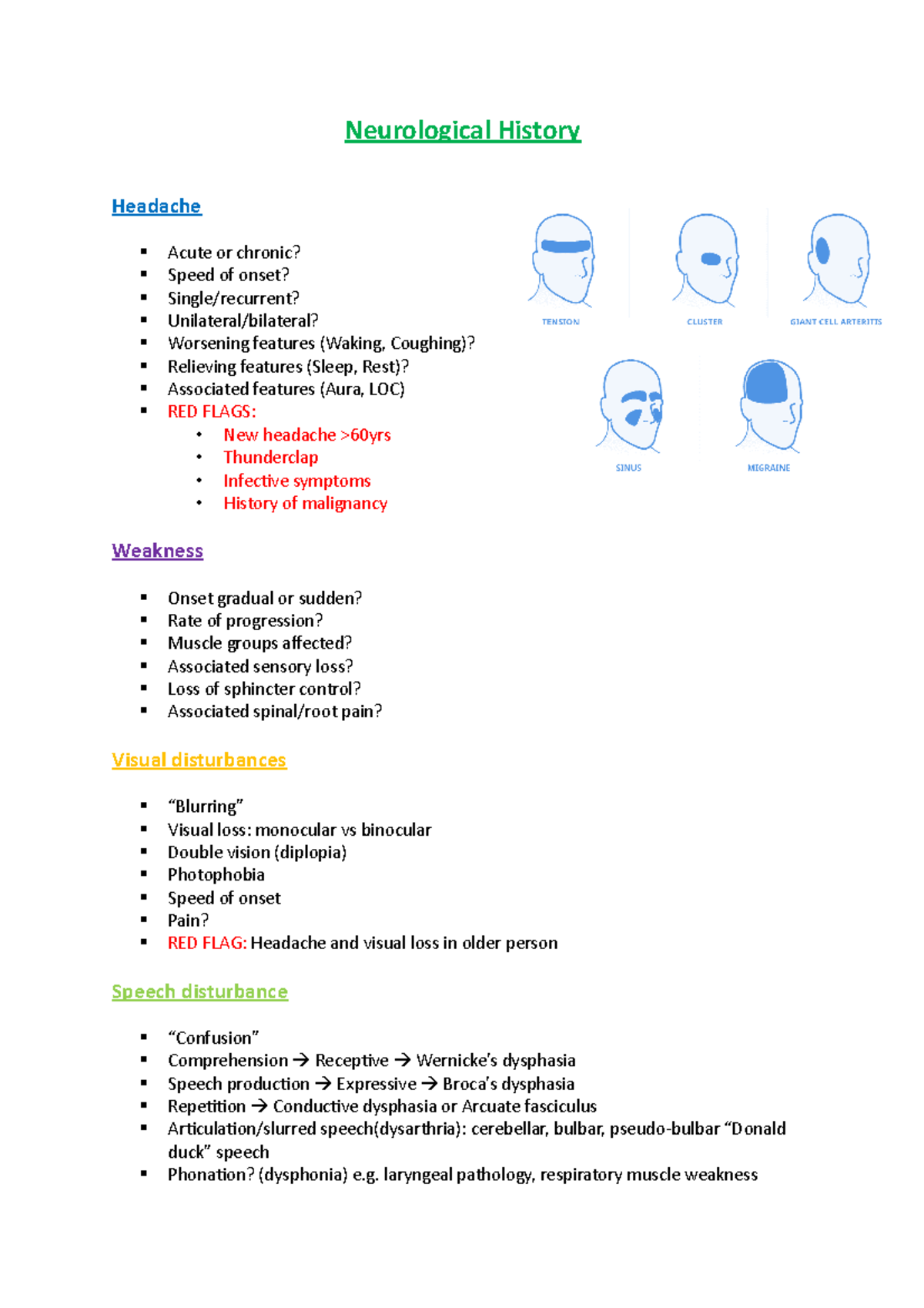 Neurological History - Neurological History Headache Acute or chronic ...