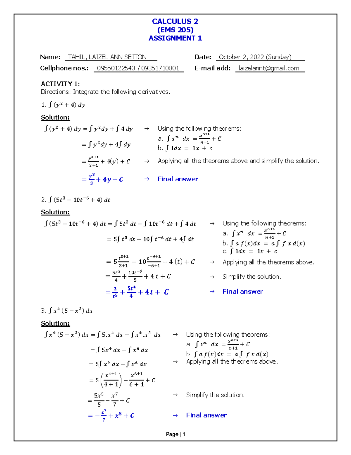 Calculus 2_EMS205 - CALCULUS 2 (EMS 205) ASSIGNMENT 1 Name: TAHIL ...