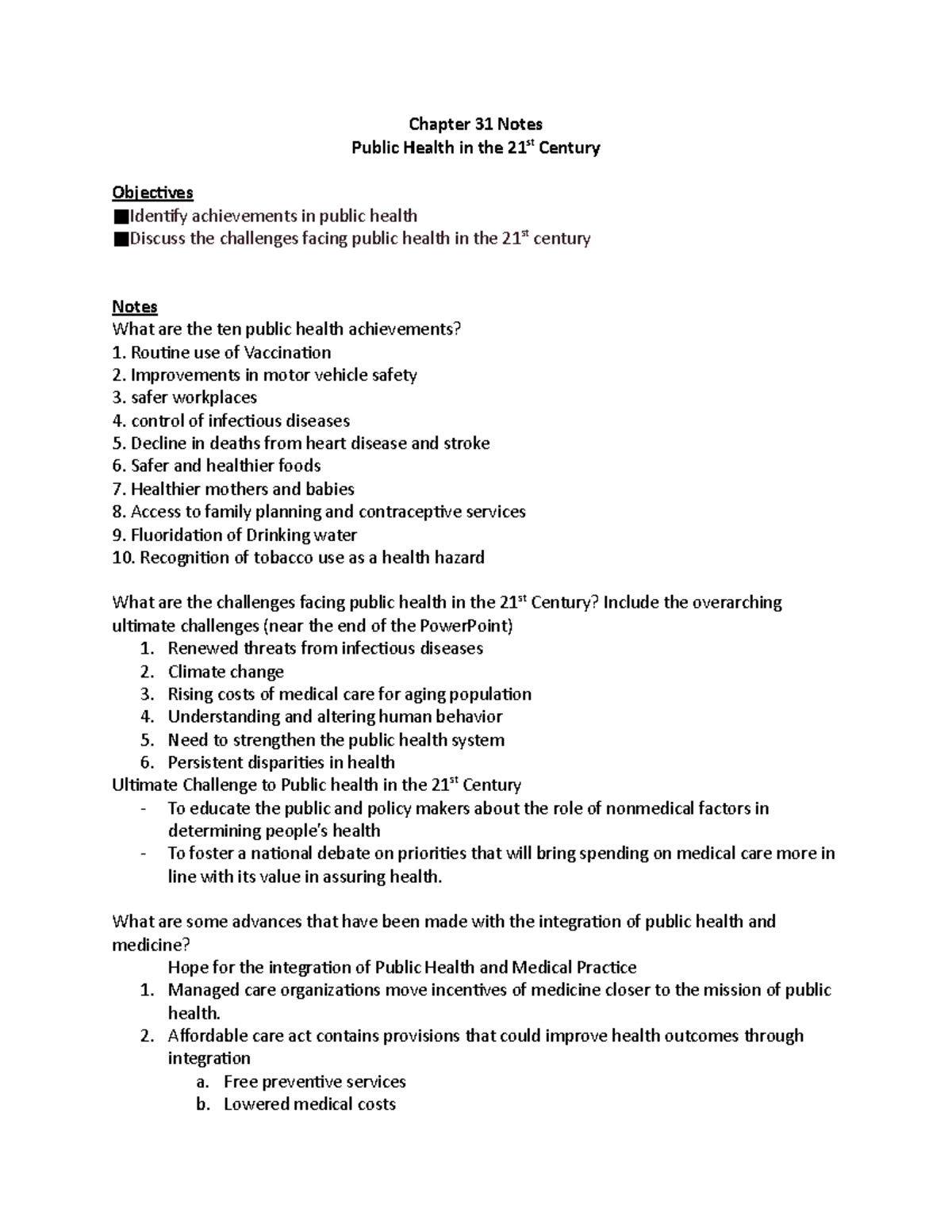 Chapter 31 Student Notes - Chapter 31 Notes Public Health in the 21st ...