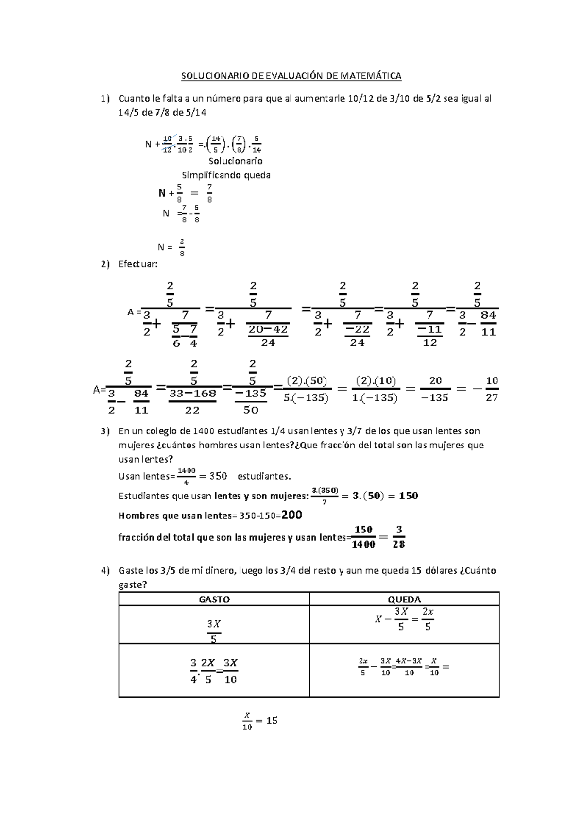 Solucionario DE Evaluación DE fila A Matemática - SOLUCIONARIO DE ...