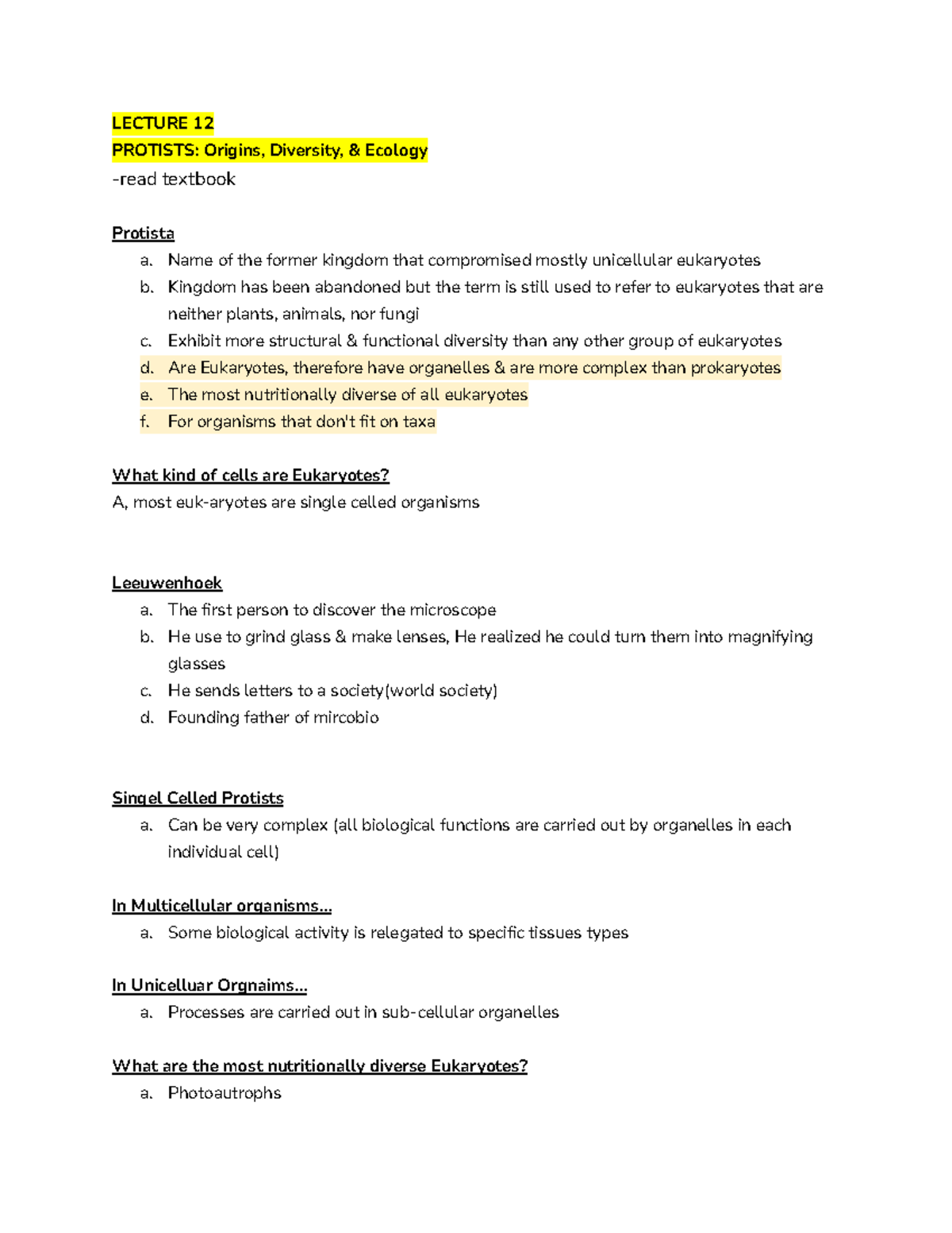 Study Guide #3 - Biology Notes on section 3. - LECTURE 12 PROTISTS ...