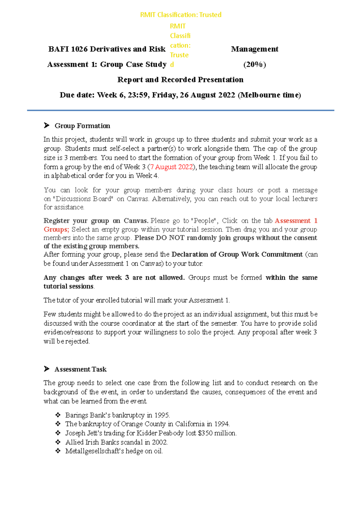 Assessment 1 - BAFI 1026 Derivatives and Risk Management - BAFI 1026 Derivatives and Risk ...