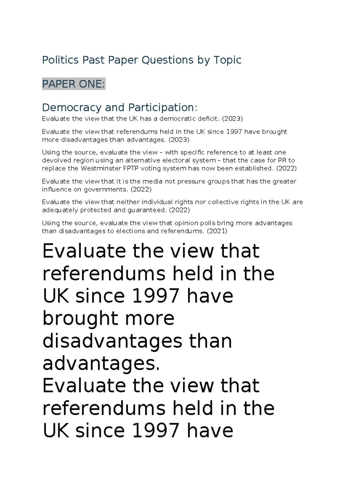 Politics Past Paper Questions by Topic - (2023) Evaluate the view that ...