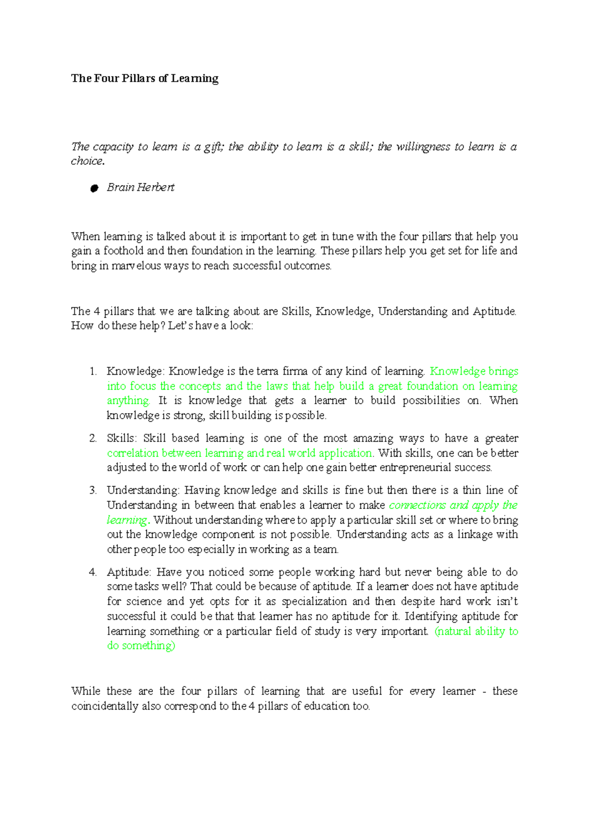 Unescos Four Pillars of Education - The Four Pillars of Learning The ...