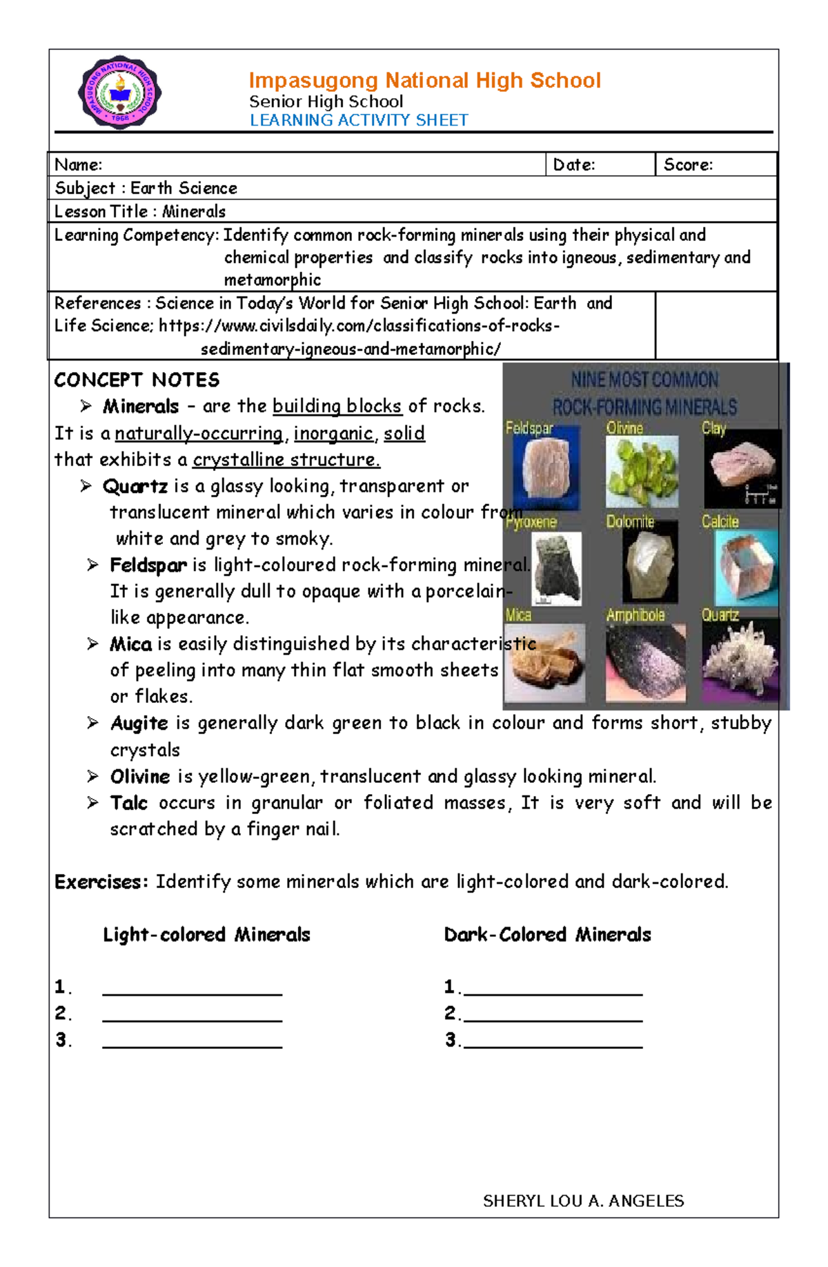Minerals 1 - 123456789 - Impasugong National High School Senior High ...