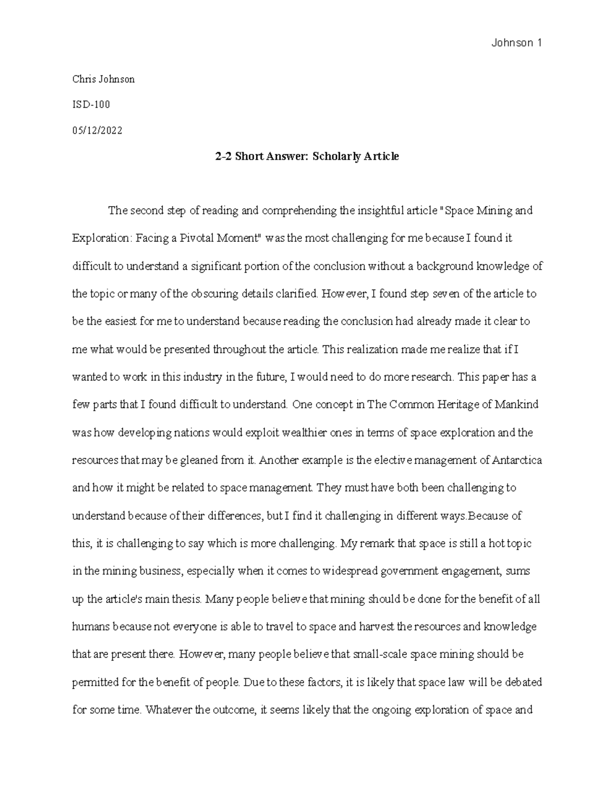 2-2 Short Answer Scholarly Article - Johnson 1 Chris Johnson ISD- 05/12 ...