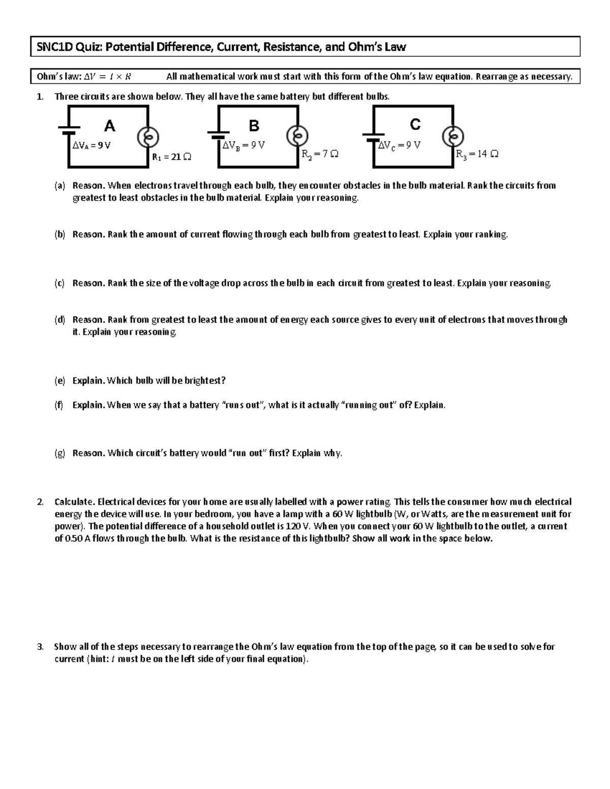 SNC1D Electricity Quiz 2 Norris Apr 2020 - SNC1D Quiz: Potential ...