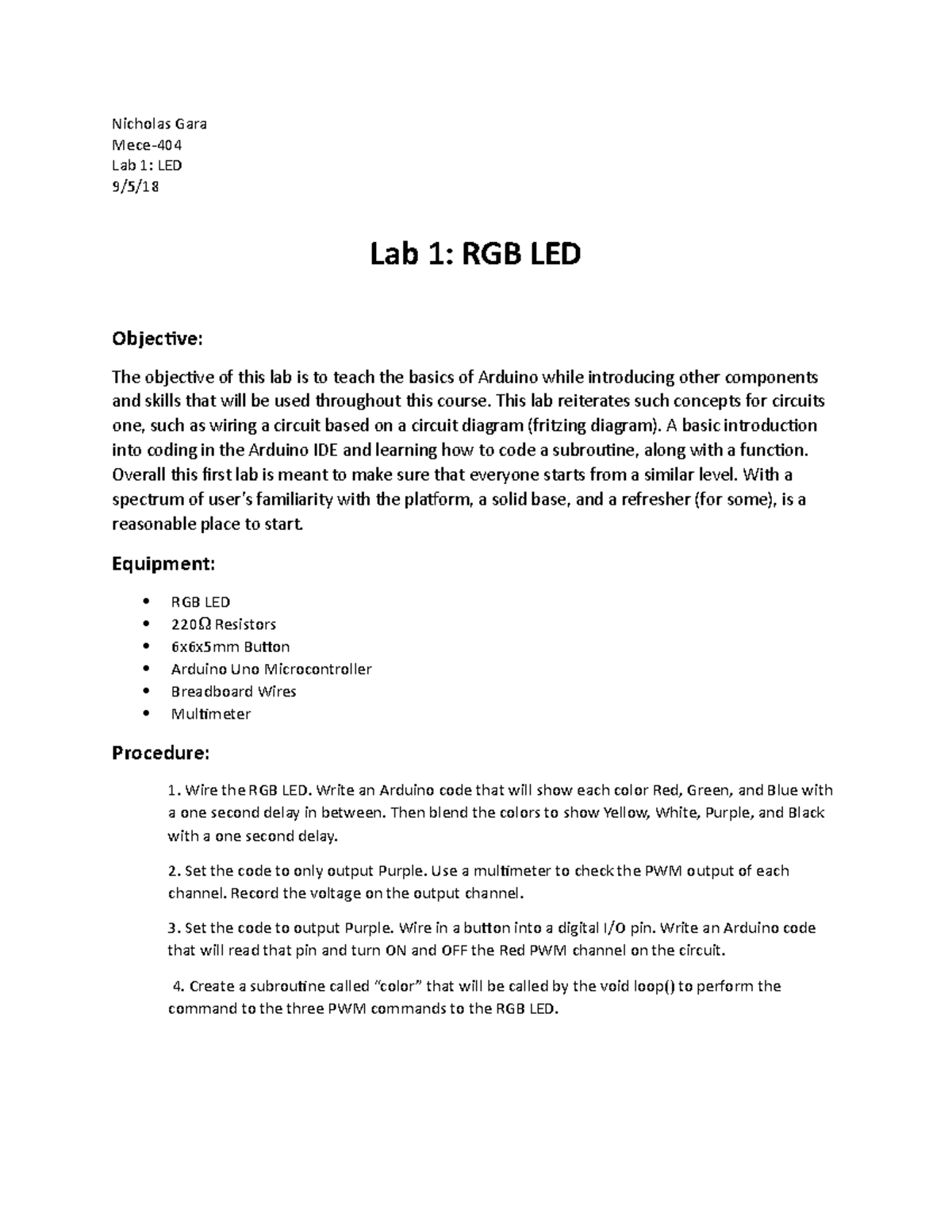 Lab 1 LED Gara Nicholas - Lab 1 Assignment Completed - Nicholas Gara ...