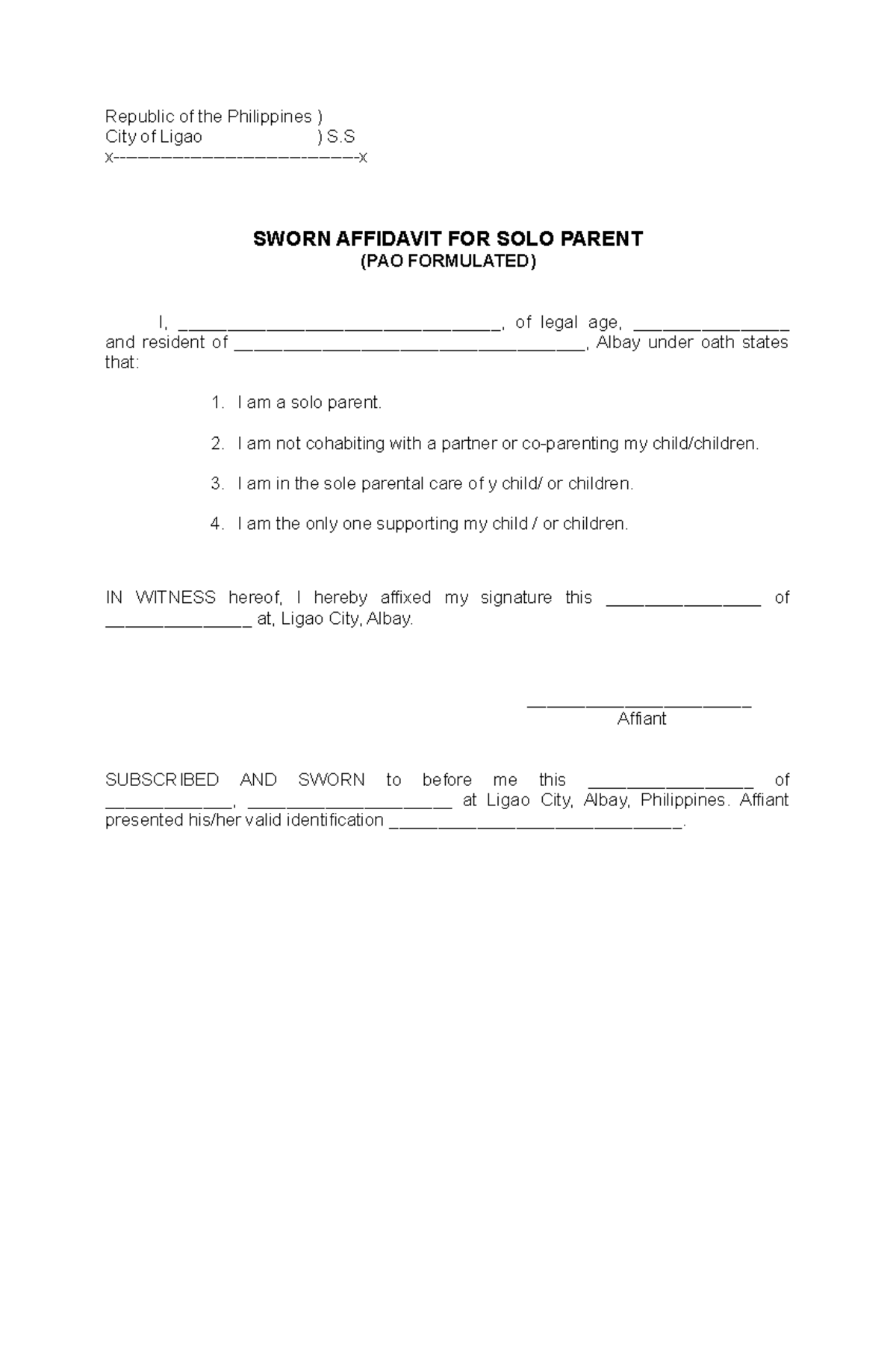 SOLO Parent Affidavit - notes - Republic of the Philippines ) City of ...