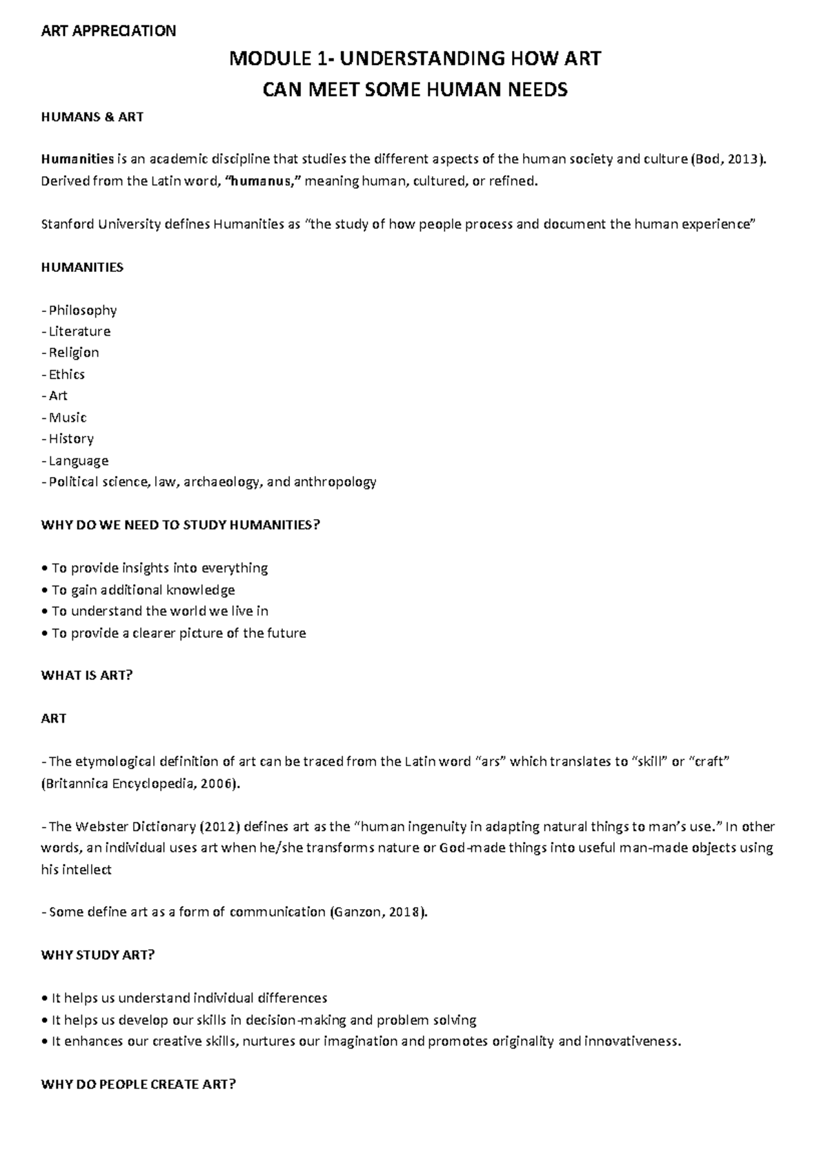 Module 1 Art App - UNDERSTANDING HOW ART CAN MEET SOME HUMAN NEEDS - ART APPRECIATION MODULE 1 ...