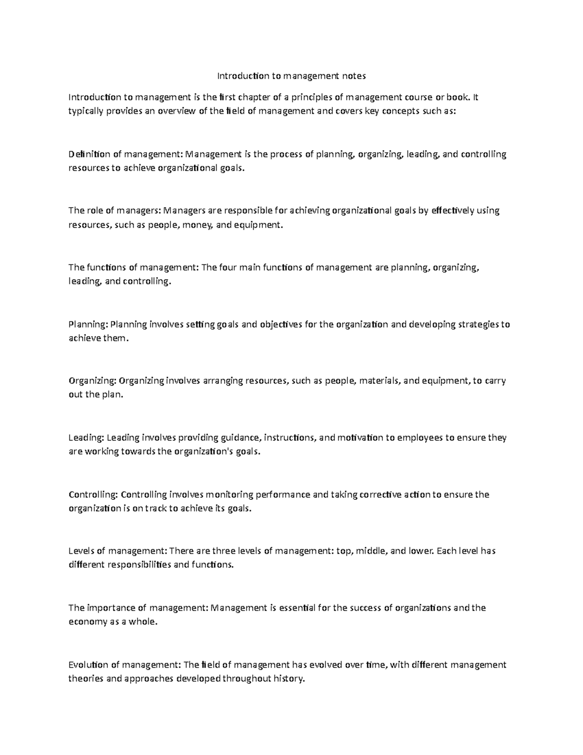 Introduction to management notes - ItIntroduction to management notes ...