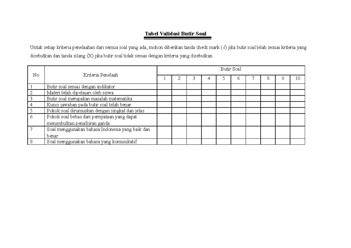 Tabel Validasi Butir Soal (alexander) - Tabel Validasi Butir Soal Untuk setiap kriteria ...