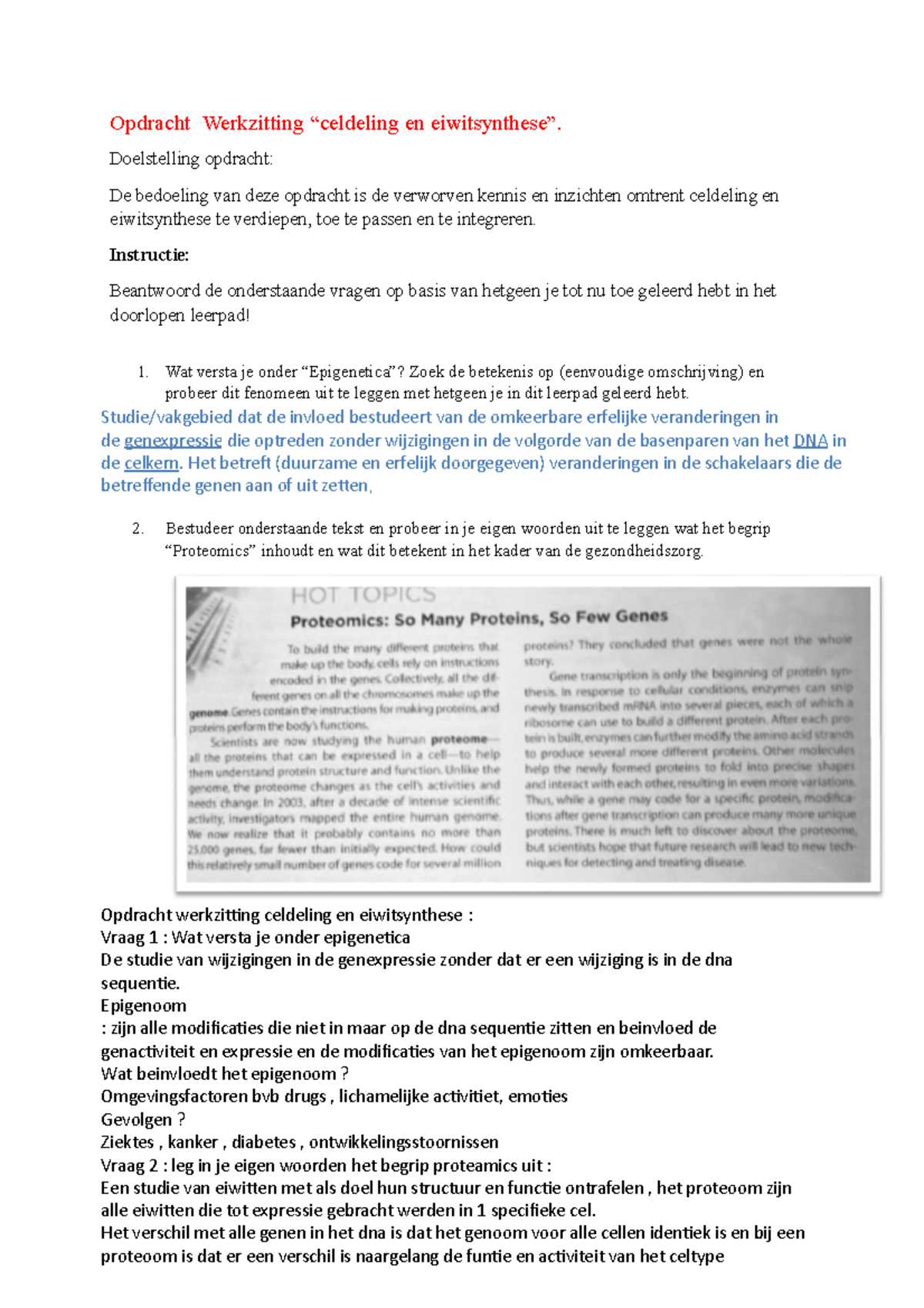 WZ celdeling - Opdracht Werkzitting “celdeling en eiwitsynthese ...