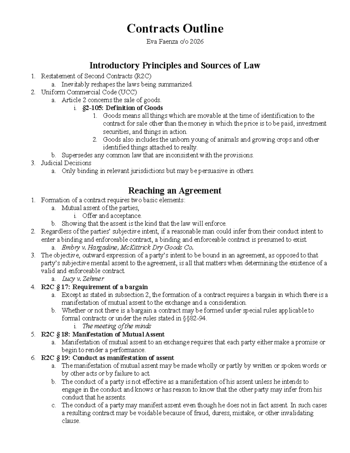 Contracts Outline - Contracts Outline Eva Faenza c/o 2026 Introductory Principles and Sources of ...
