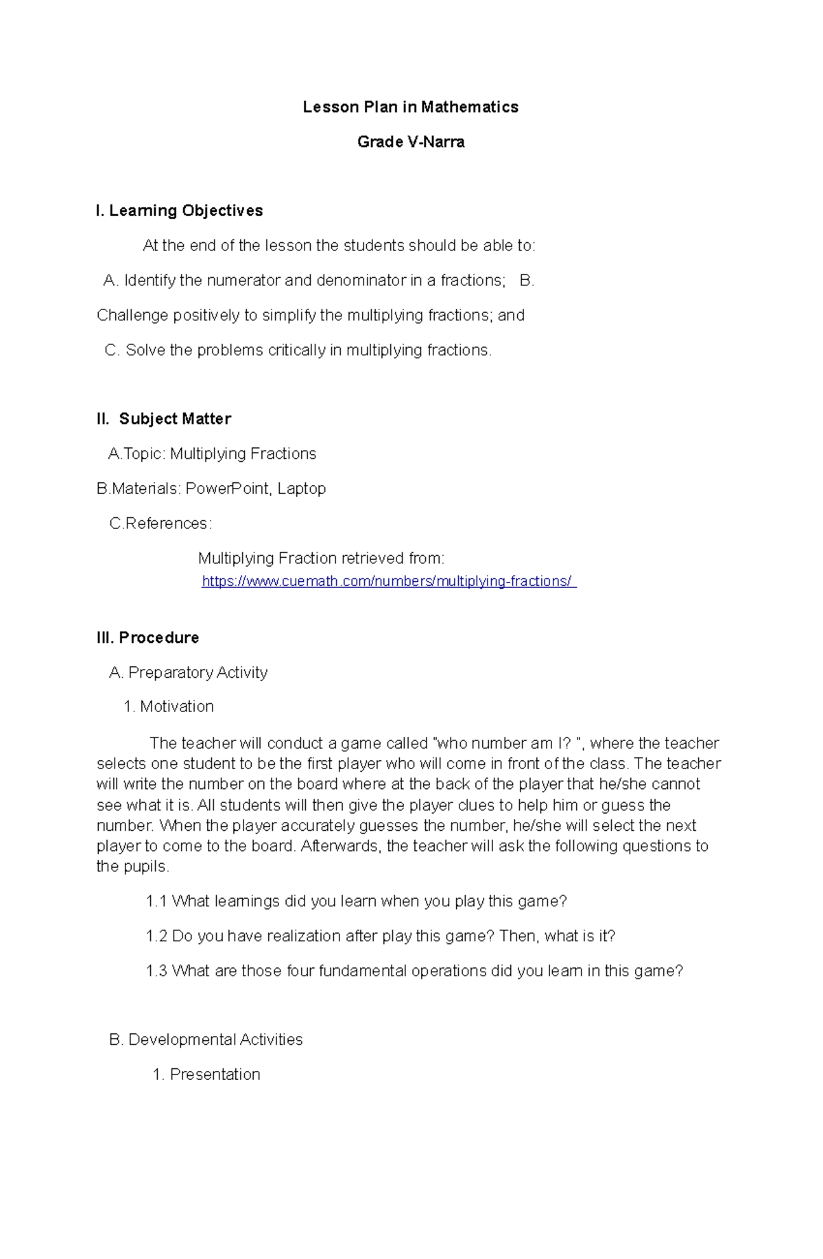 Lesson PLAN IN Mathematics Lesson Plan In Mathematics Grade V Narra I