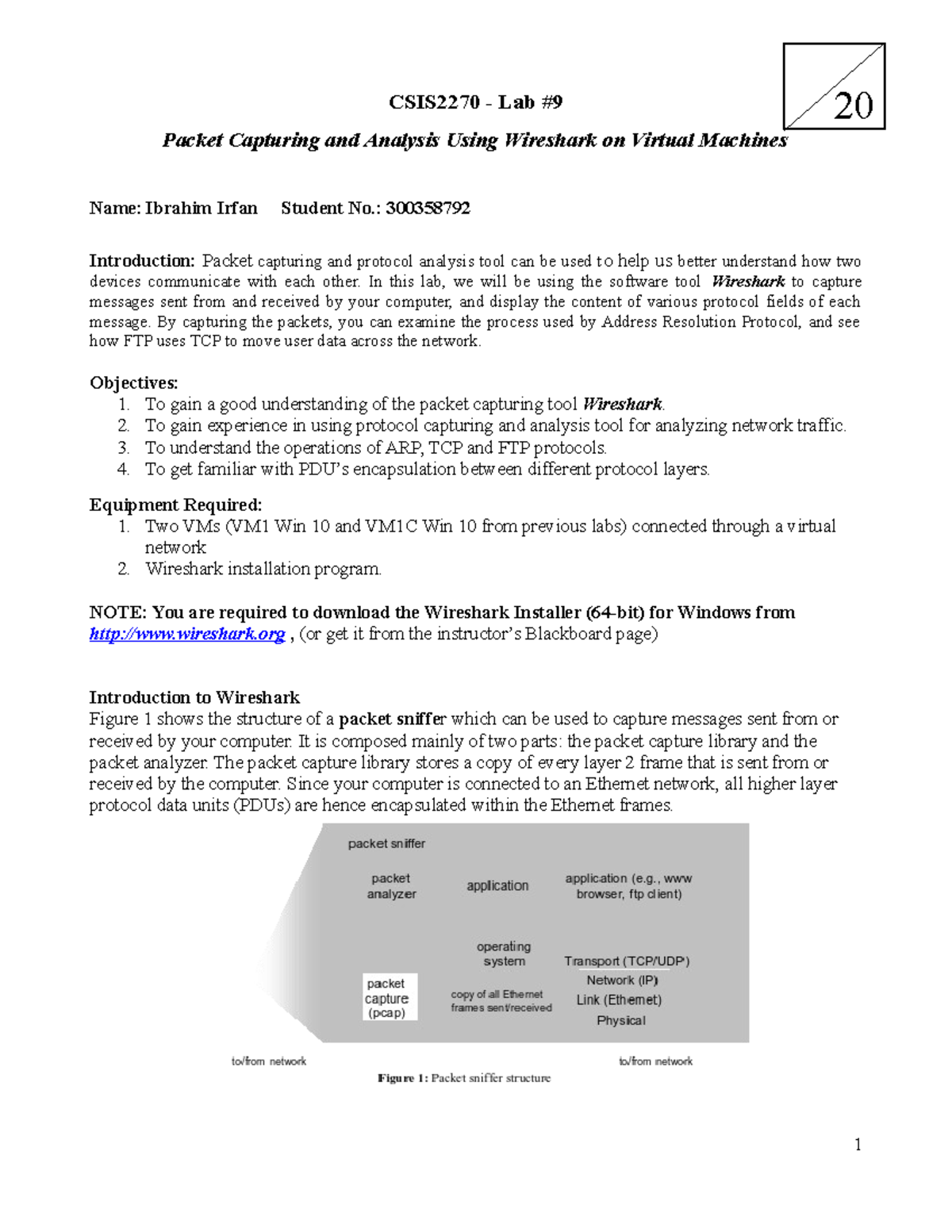 Ibrahim Irfan 300358792 Lab 09 - CSIS2270 - Lab Packet Capturing and Analysis Using Wireshark on ...