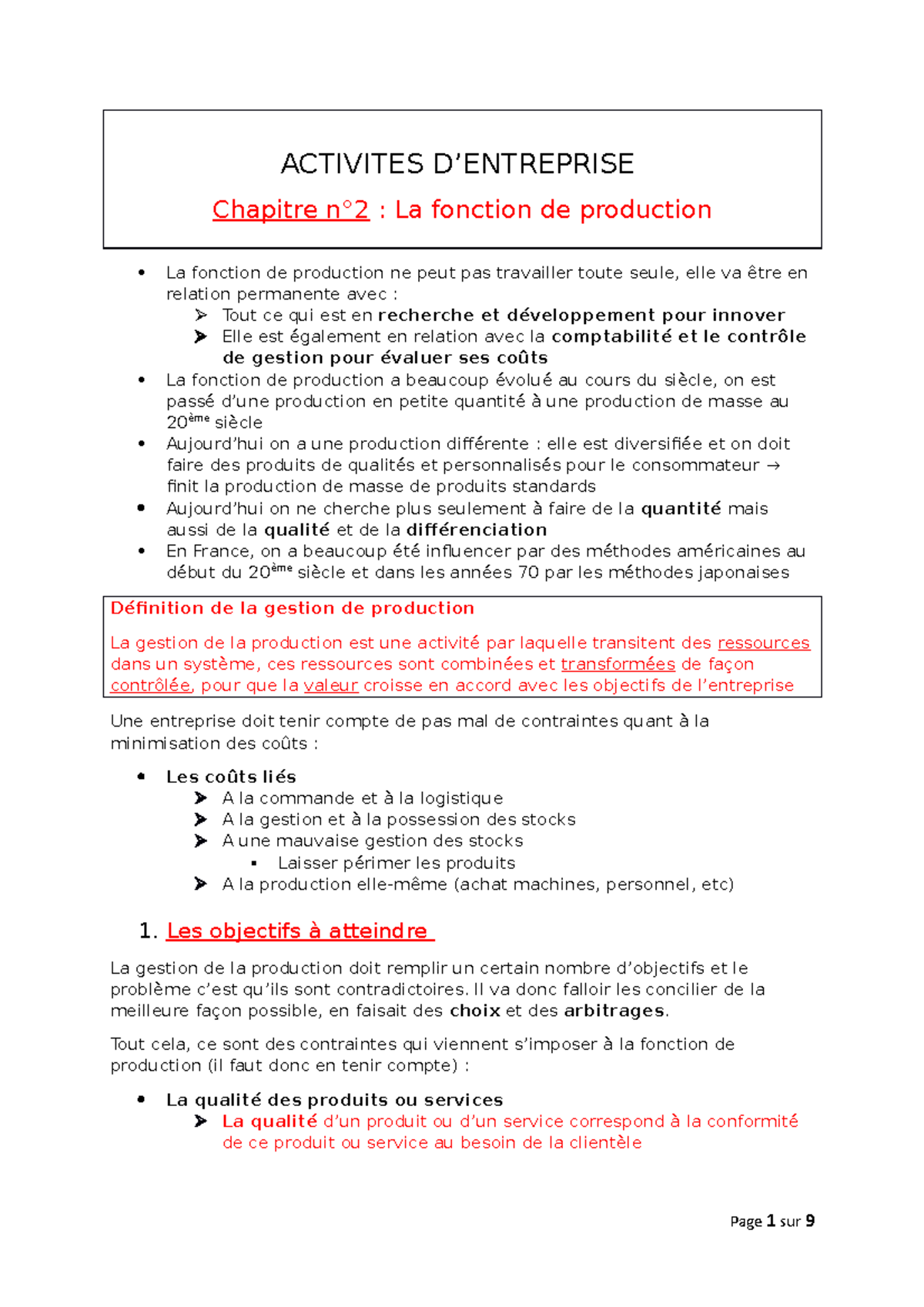 Act d'ent C2 - Notes de cours 2 - ACTIVITES D’ENTREPRISE Chapitre n°2 ...
