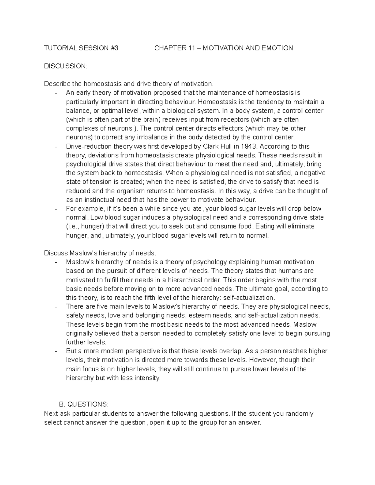 Tutorial 3 1003 - ...... - TUTORIAL SESSION #3 CHAPTER 11 – MOTIVATION AND EMOTION DISCUSSION ...