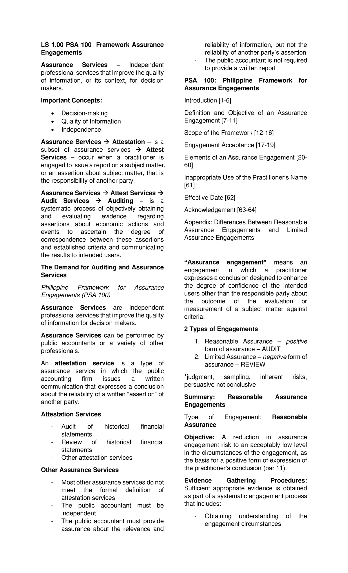 Auditing Learning Session 1 LS 1 PSA 100 Framework Assurance