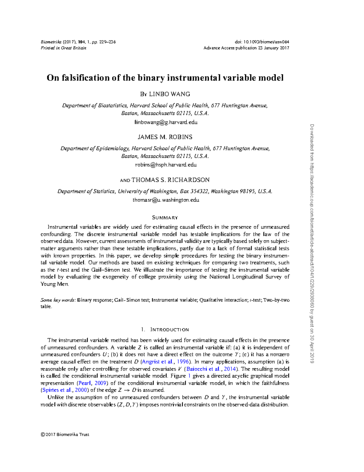 Binary instrumental variables - S. linbowang@g.harvard JAMES M. ROBINS Department of ...