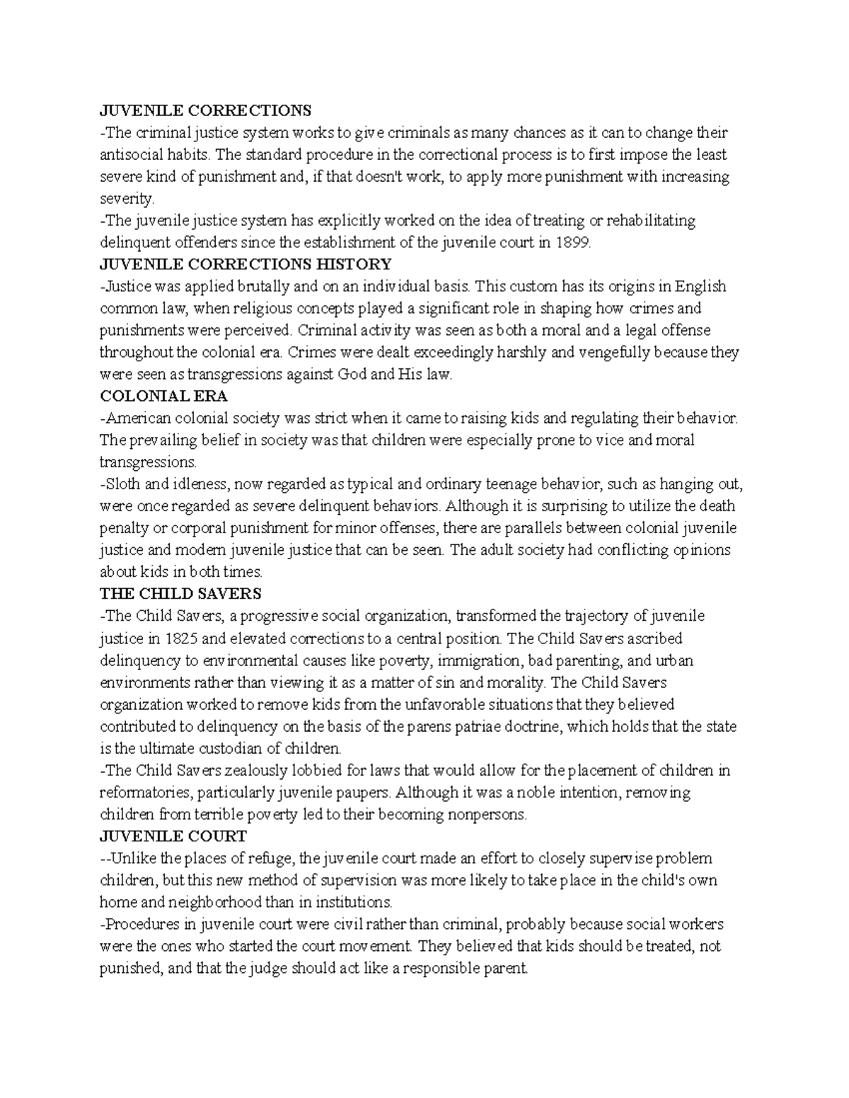 COR 101 Chapter 13 Notes - JUVENILE CORRECTIONS -The criminal justice ...