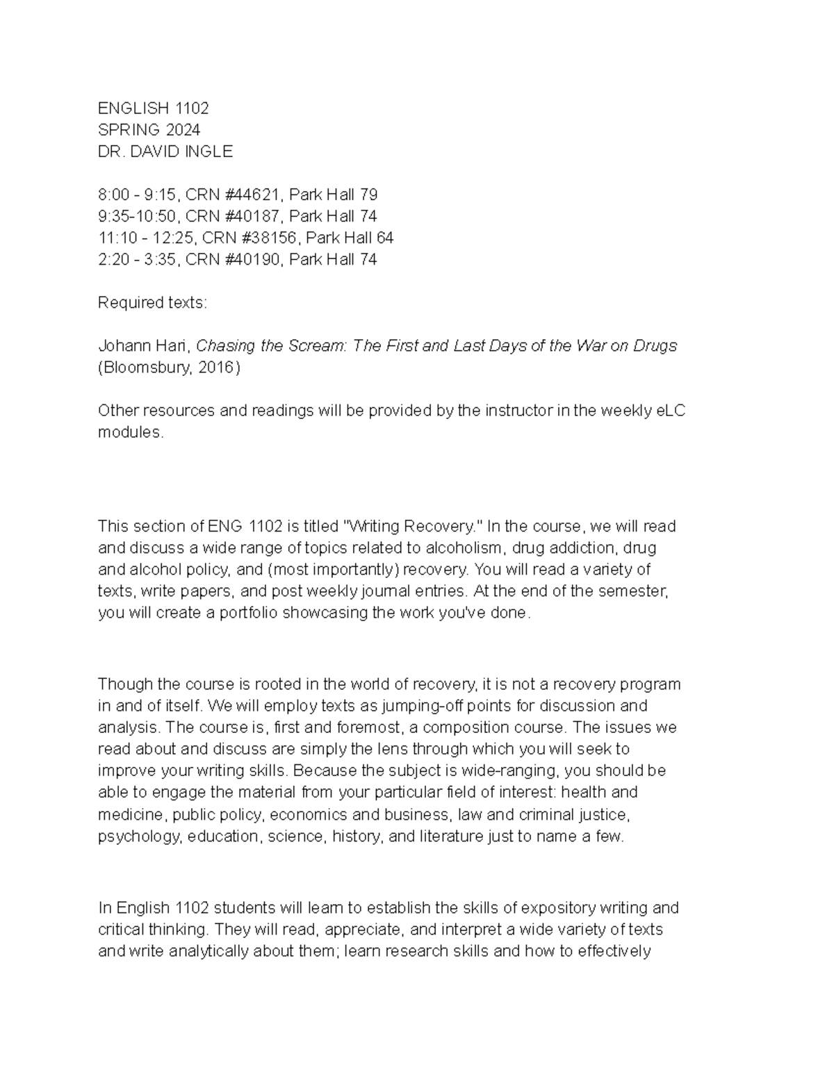 Engl 1102 - syllabus - ENGLISH 1102 SPRING 2024 DR. DAVID INGLE 8:00 ...