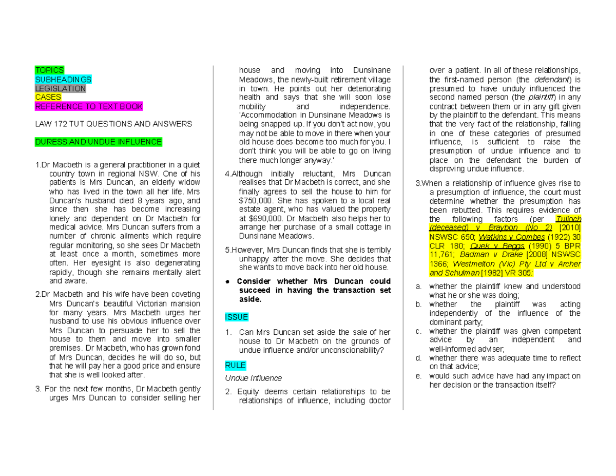 LAW 172 TUT Questions AND Answers - TOPICS SUBHEADINGS LEGISLATION ...