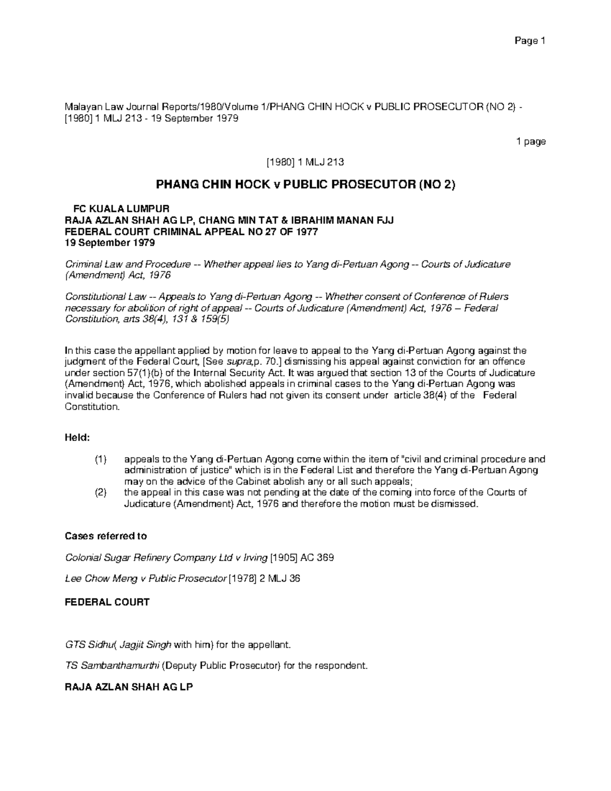 Phang CHIN HOCK v Public Prosecutor (NO 2) - Malayan Law Journal ...