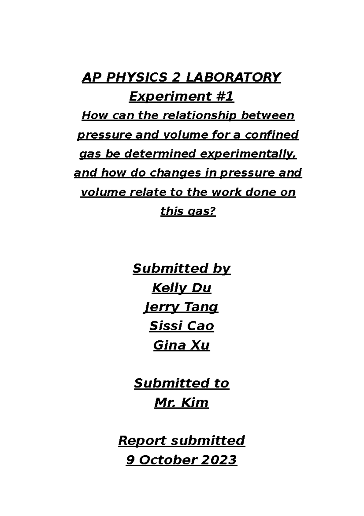 Pressure Volume Lab physics - AP PHYSICS 2 LABORATORY Experiment How ...