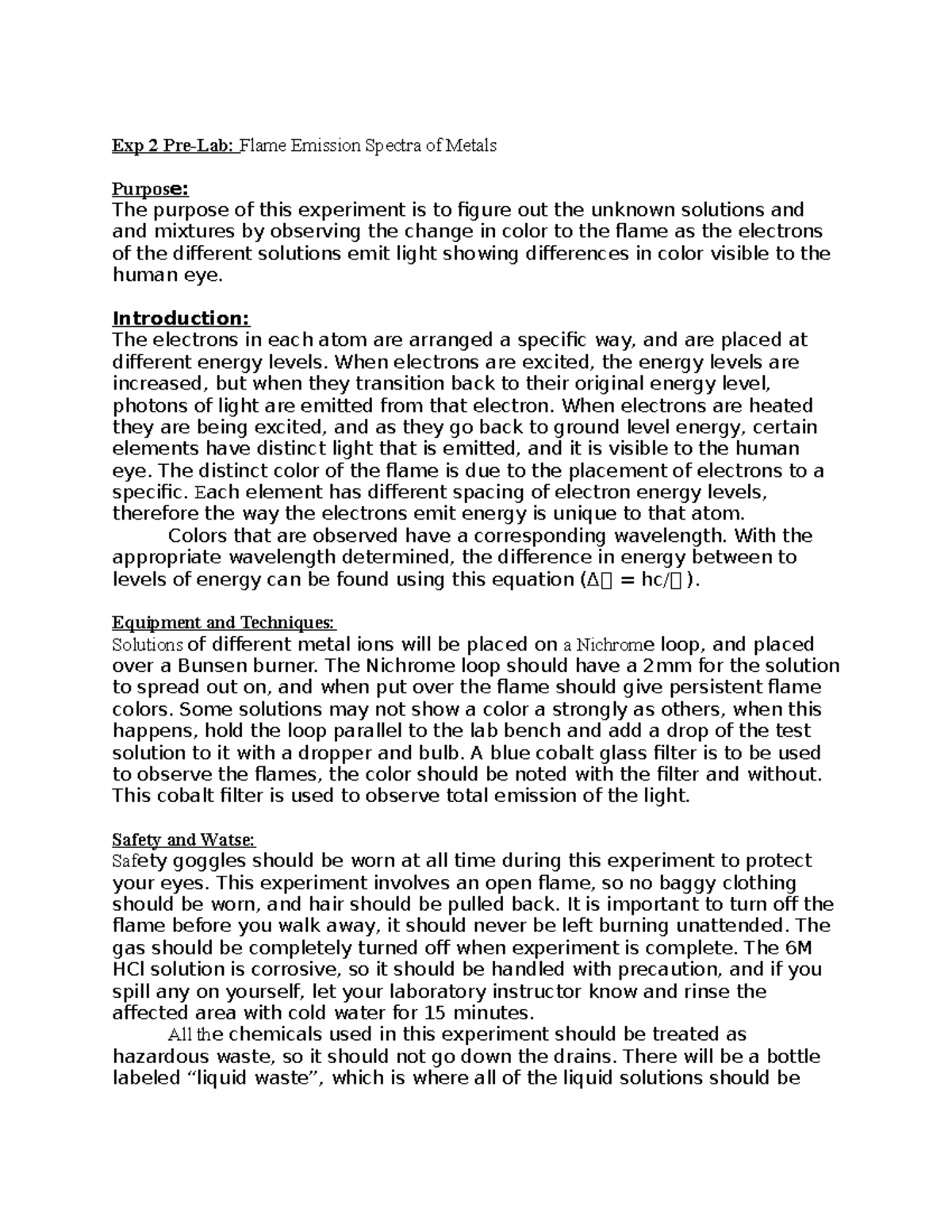 Experiment 2 pre lab report chem Flame Emission Spectra of Metals - Exp ...