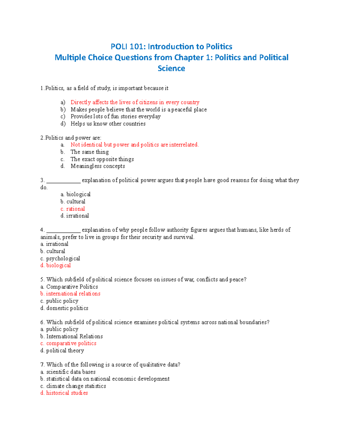 Chapter 1 POLI 101 MCQs - Introduction to Politics - POLI 101 ...