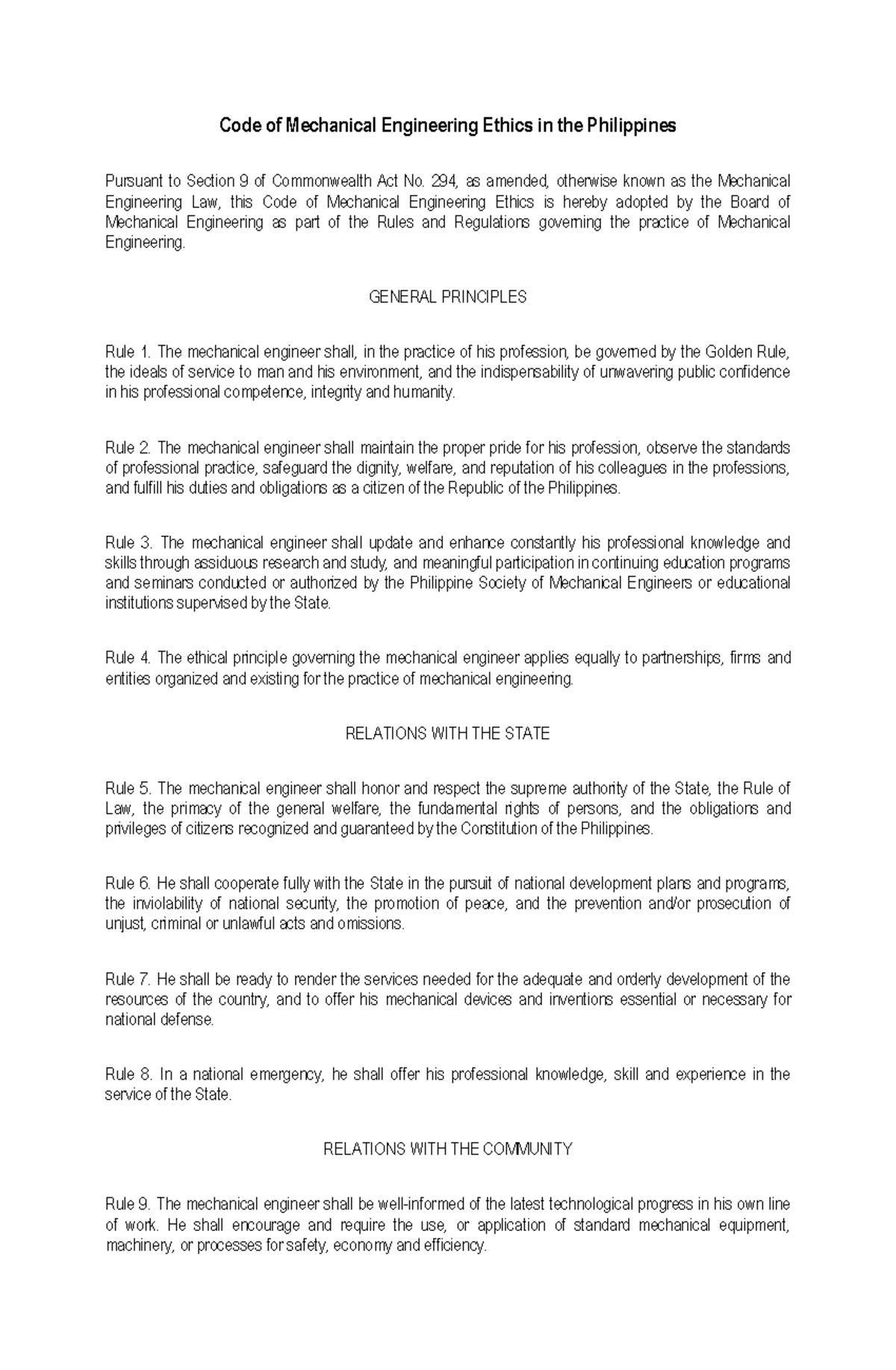02 Code of Ethics for ME s - Code of Mechanical Engineering Ethics in the Philippines Pursuant ...
