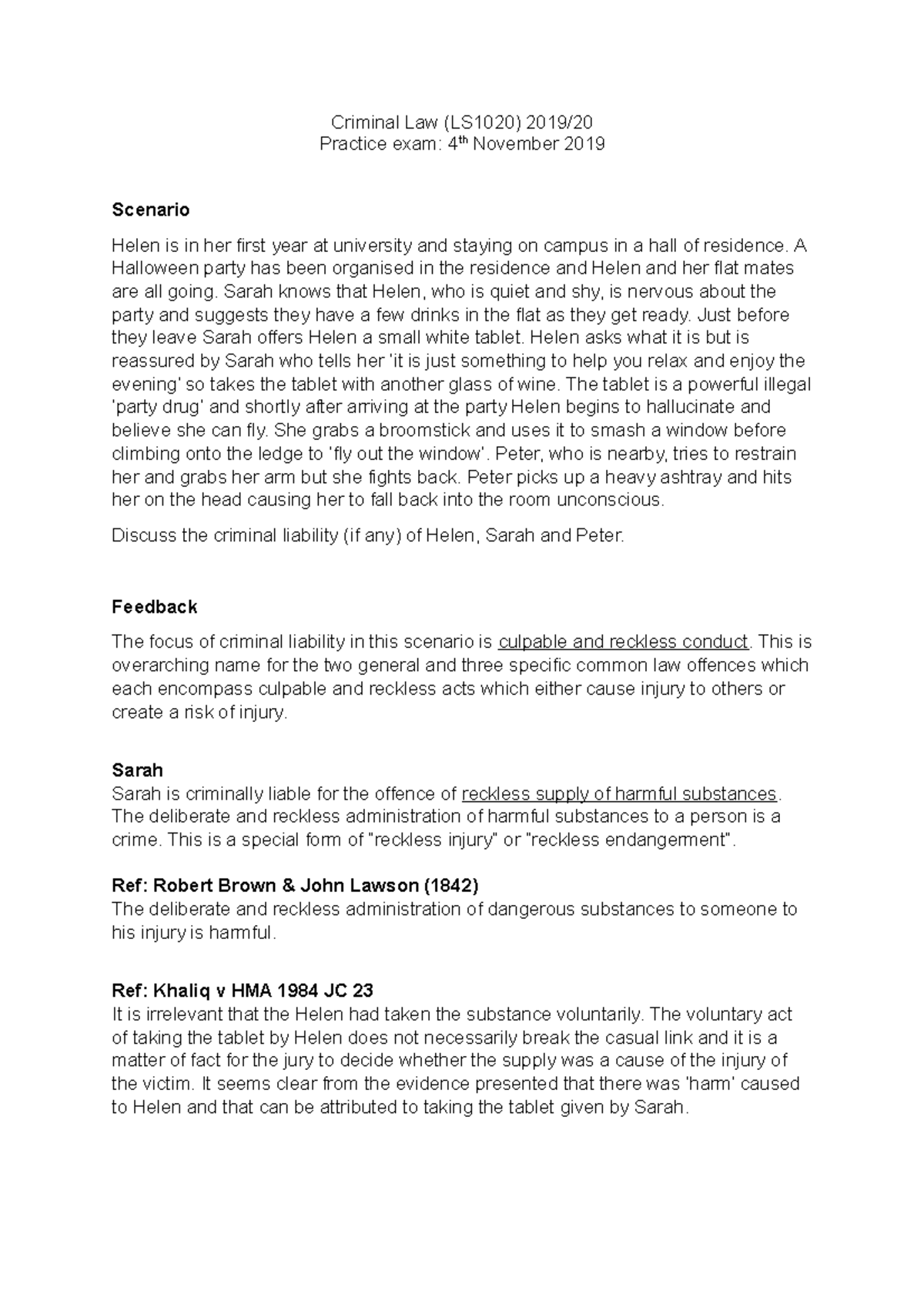 Practice%20exam - Mock exam guidance - Criminal Law (LS1020) 2019/ Practice exam: 4th November ...