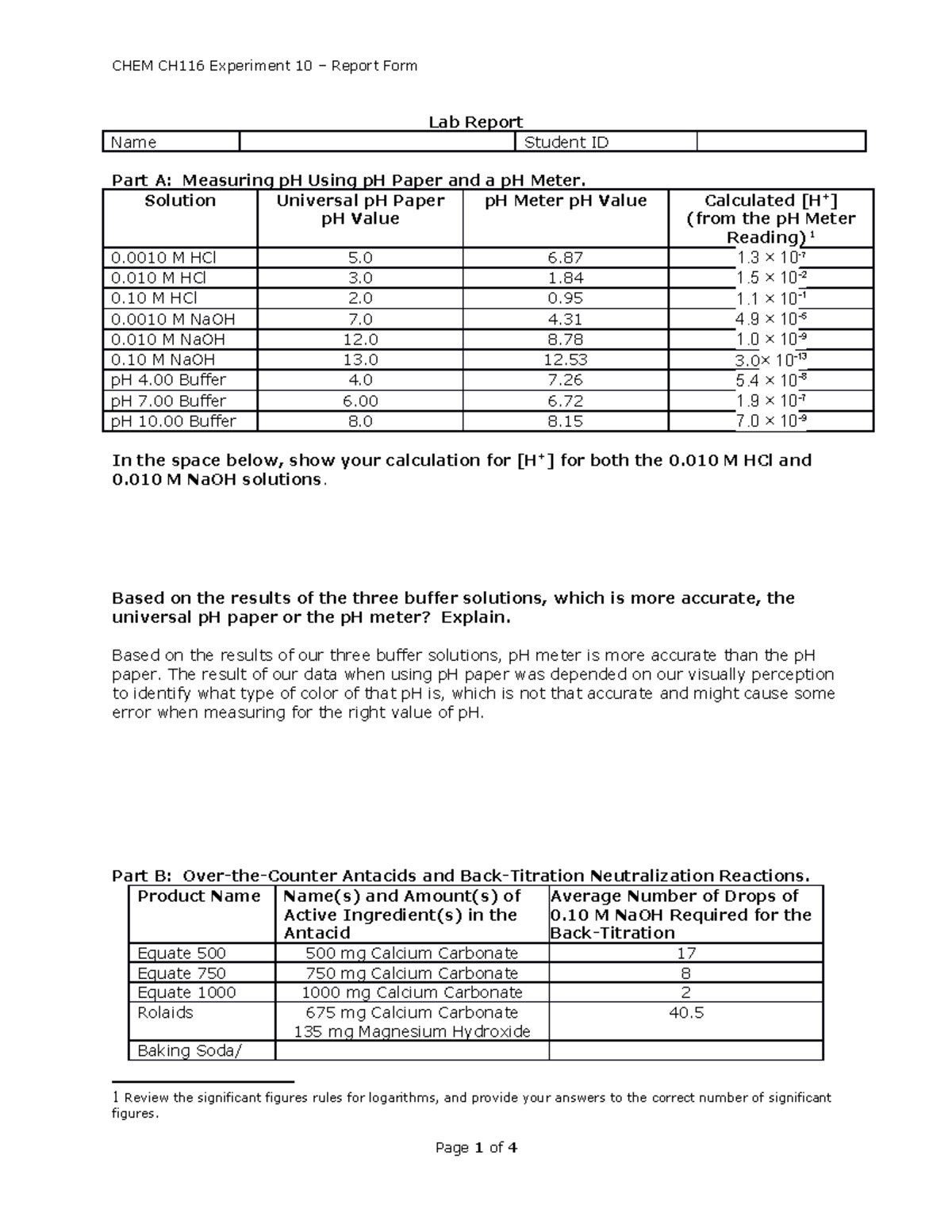 CHEM CH116 Experiment 10 - An Introduction to p H - Lab Report Name ...