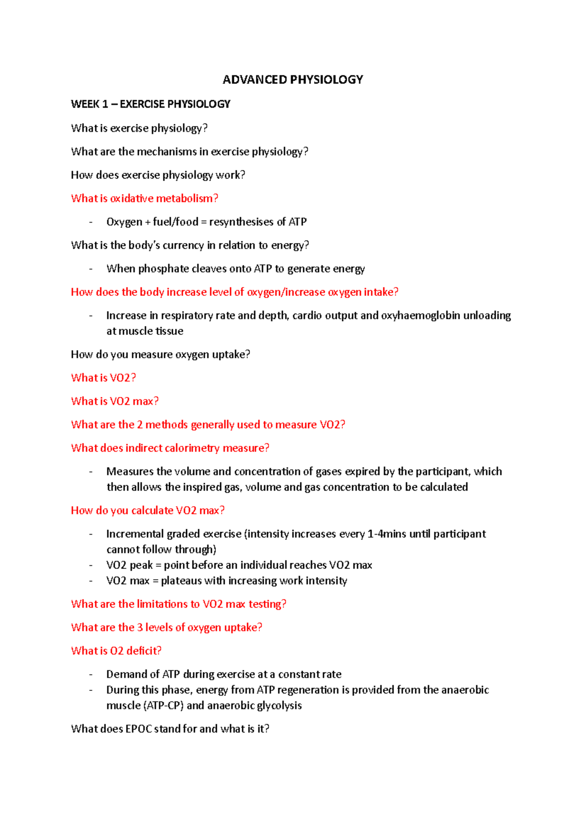 Advanced physiology lectures - ADVANCED PHYSIOLOGY WEEK 1 – EXERCISE ...