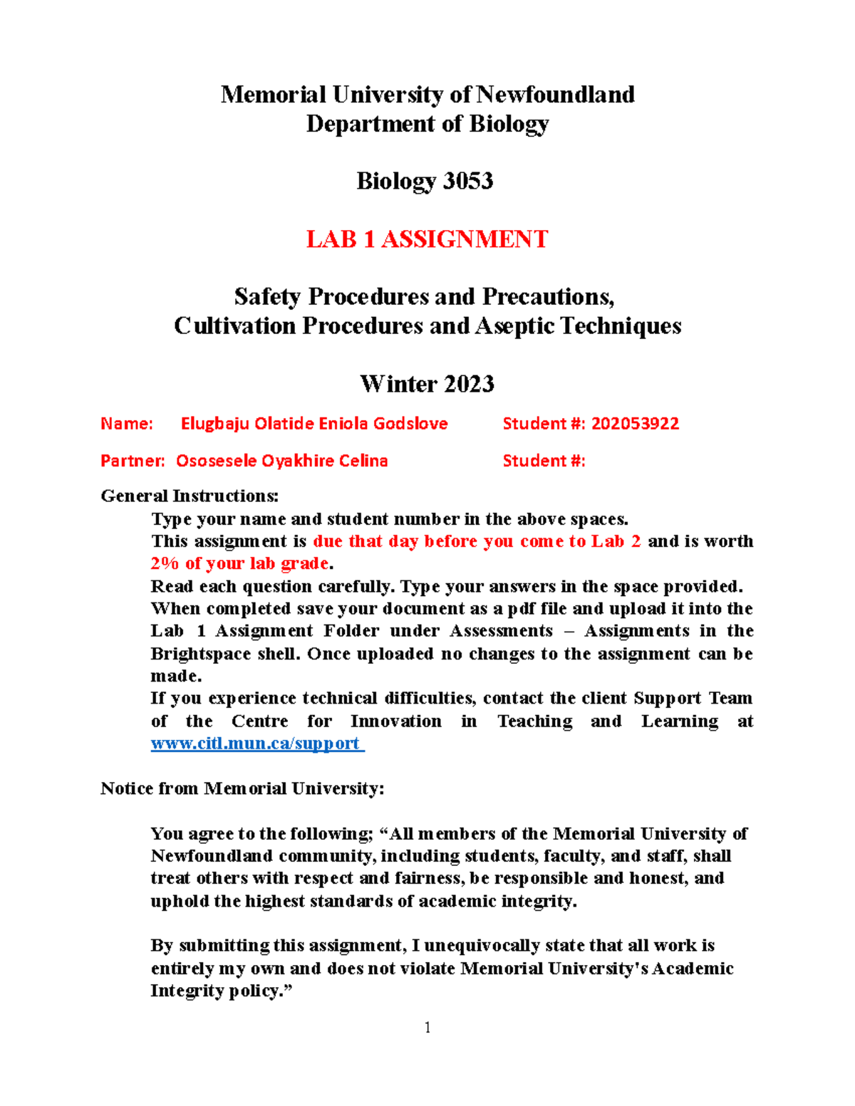 BIOL 3053 Lab 1 Assignment (Winter 2023) - Memorial University of ...