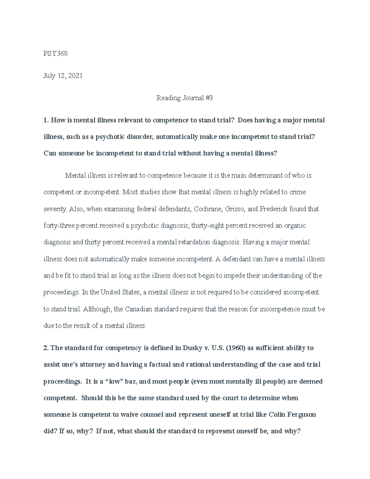 PSY368 RJ#3 - Reading journal assignment 3 - Professor Salerno - PSY ...