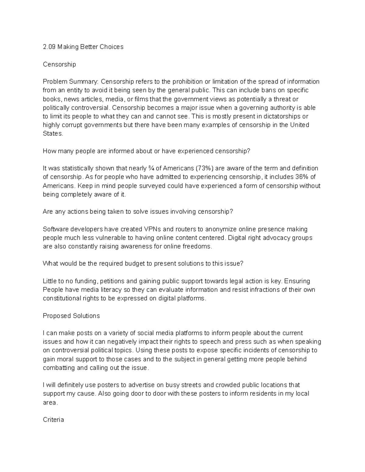 2.09 Economics Assignment - 2 Making Better Choices Censorship Problem ...