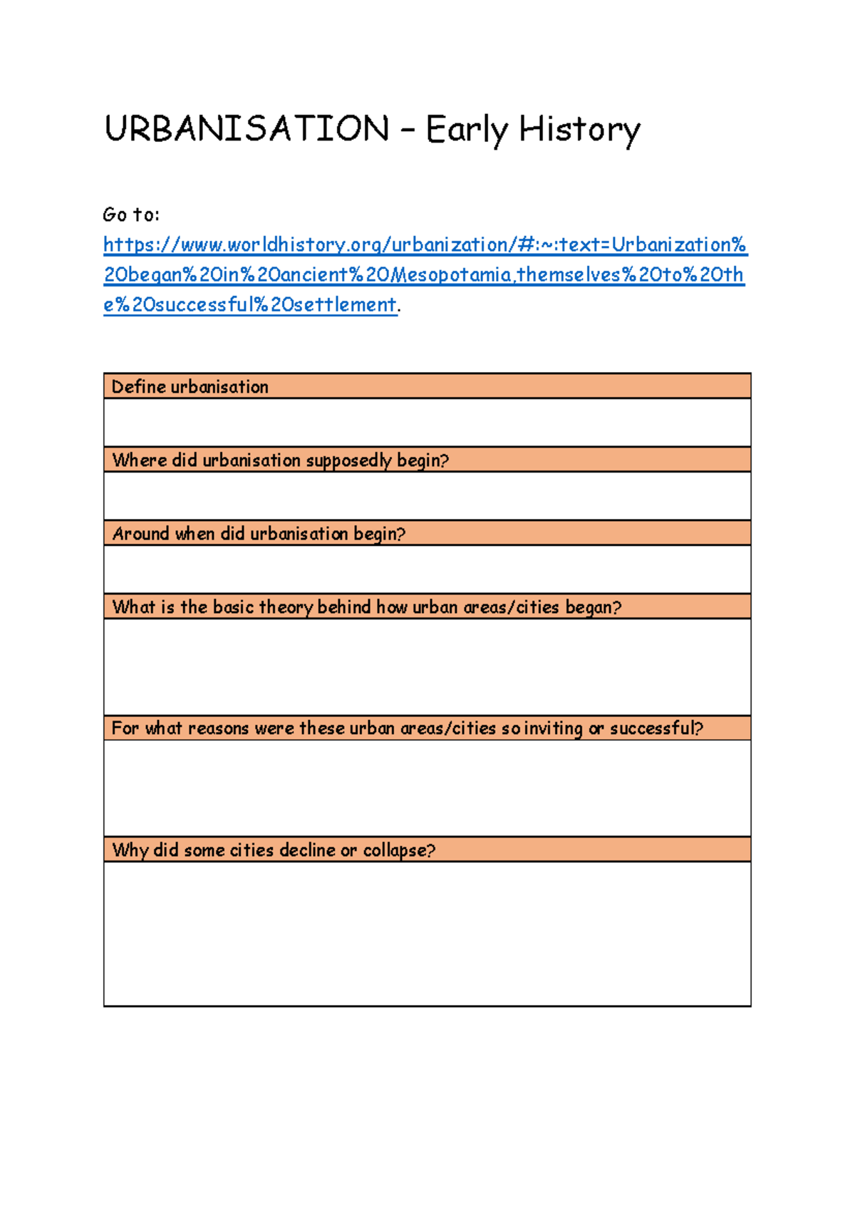 2 - Year 11 &12 Geography - URBANISATION – Early History Go to: - Studocu