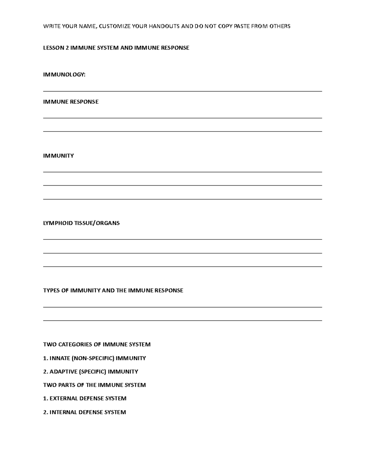 Lesson 2 Immune System AND Immune Response Handouts - LESSON 2 IMMUNE ...