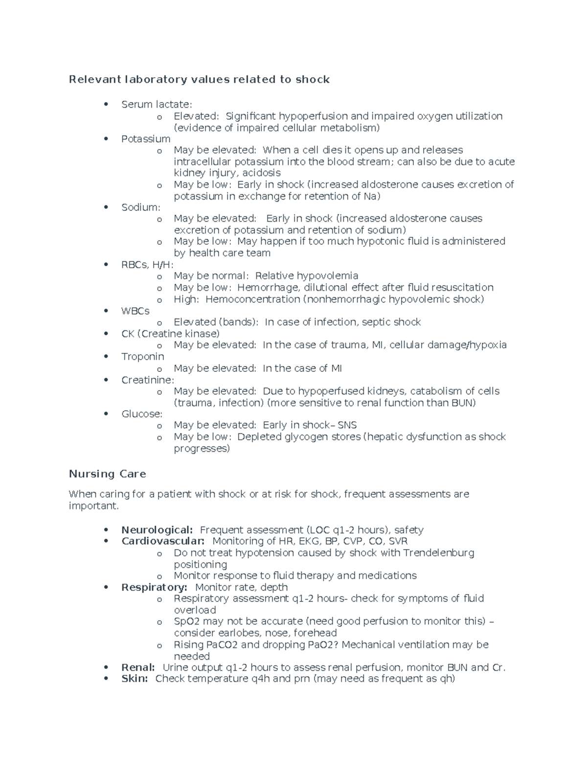Relevant laboratory values related to shock - Neurological: Frequent ...