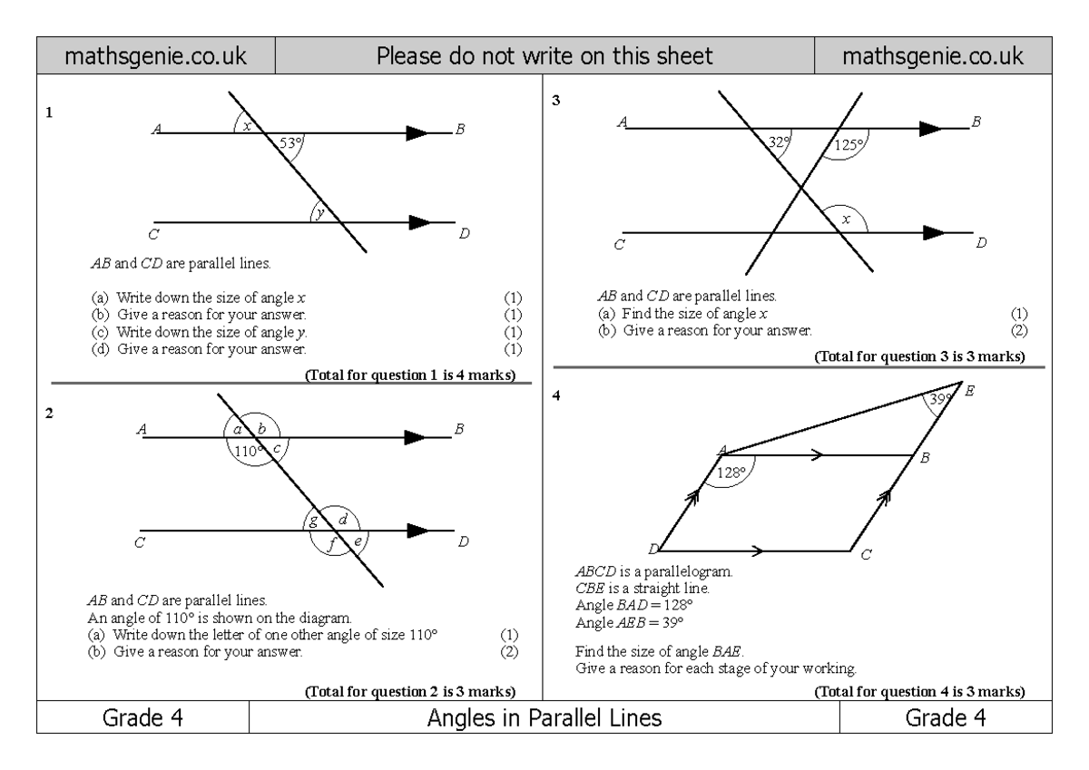 4 angles in parallel lines ws - mathsgenie.co Grade 4 Angles in ...