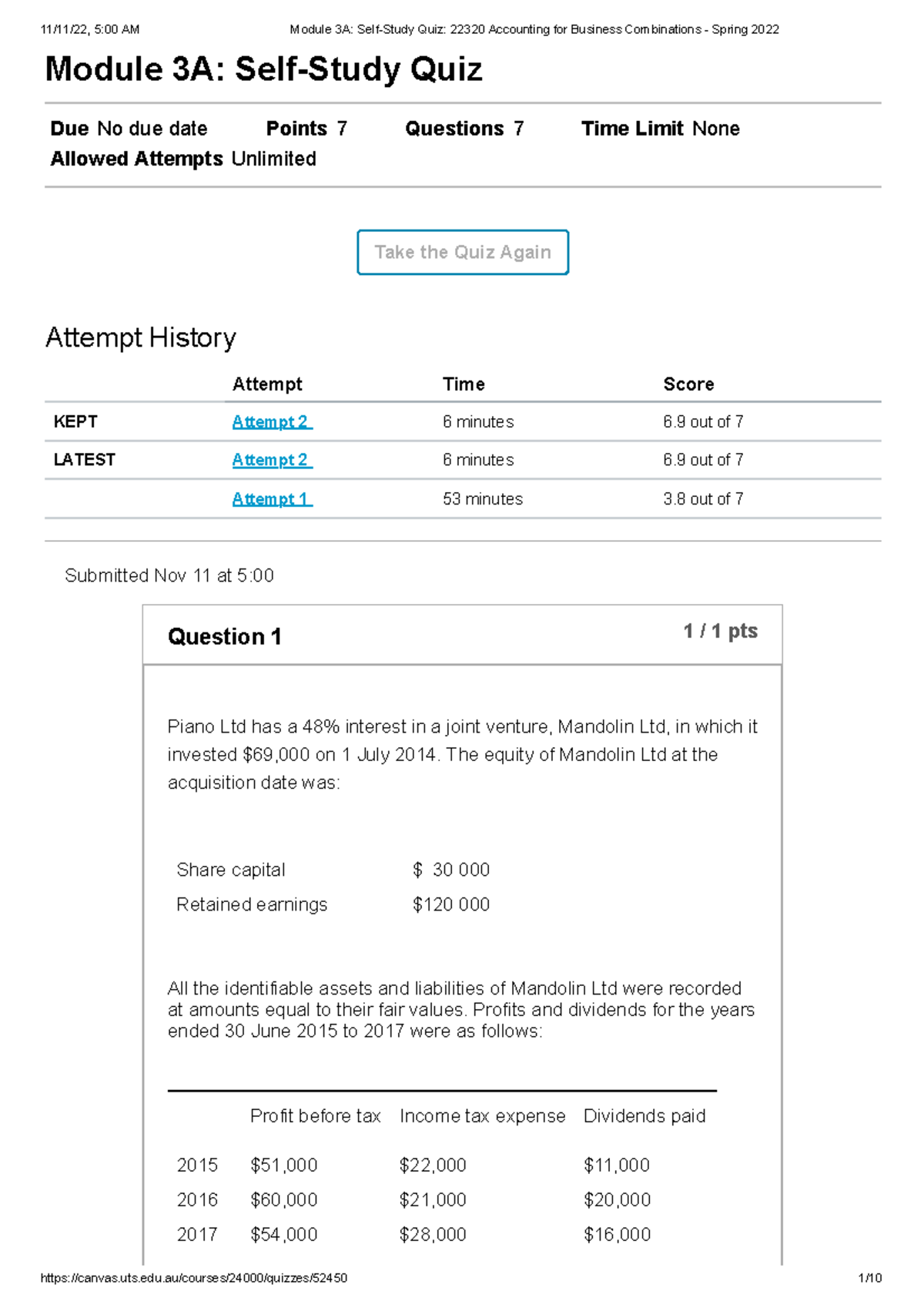 Module 3A Self-Study Quiz 22320 Accounting for Business Combinations ...