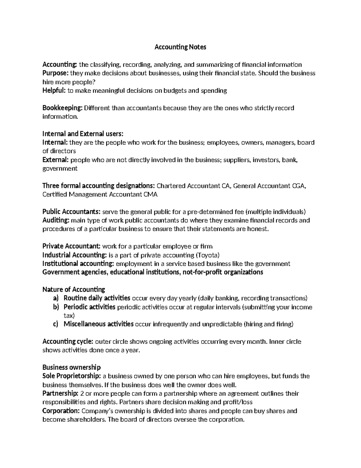 Notes for chapters - Accounting Notes Accounting: the classifying ...